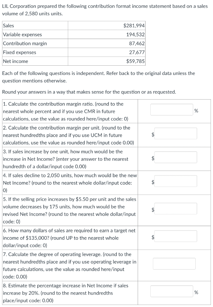 Solved LIL Corporation prepared the following contribution | Chegg.com