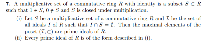 Solved 7. A multiplicative set of a commutative ring R with | Chegg.com