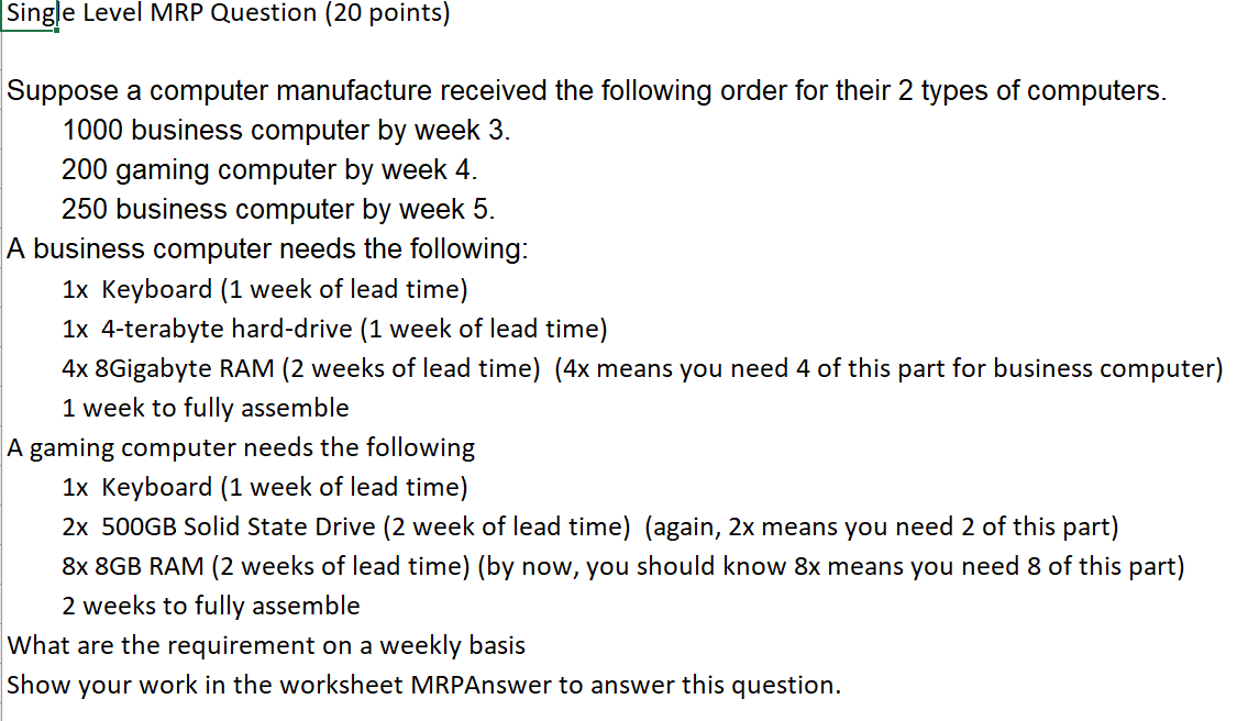 Solved Single Level MRP Question (20 points) Suppose a | Chegg.com