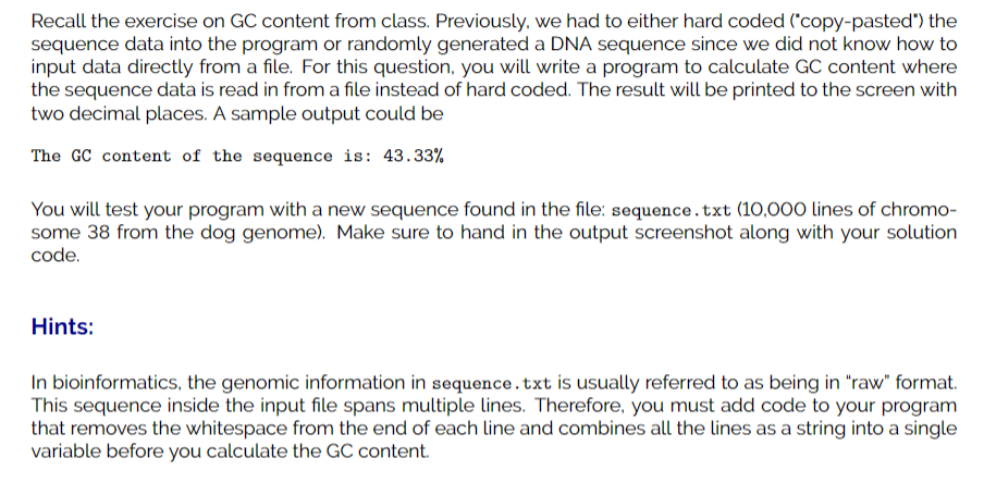 Solved Recall the exercise on GC content from class. | Chegg.com