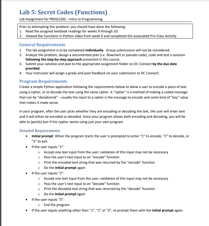 Solved Lab 5: Secret Codes (Functions) Lab Assignment for | Chegg.com