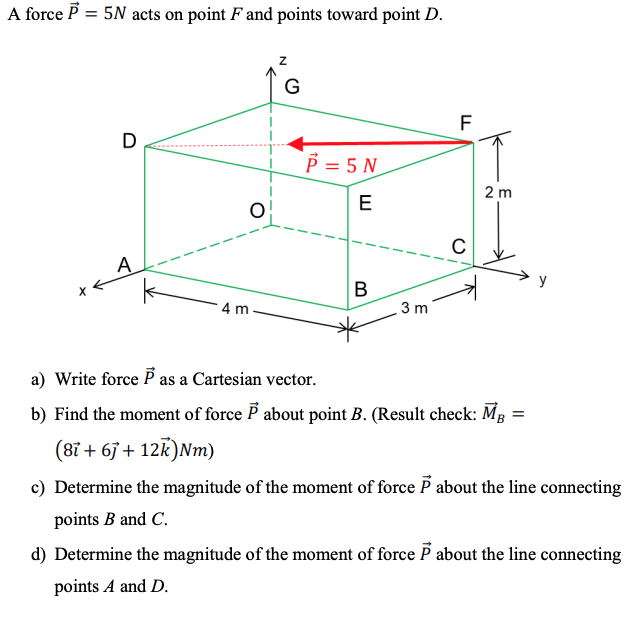 Solved A force P = 5N acts on point F and points toward | Chegg.com
