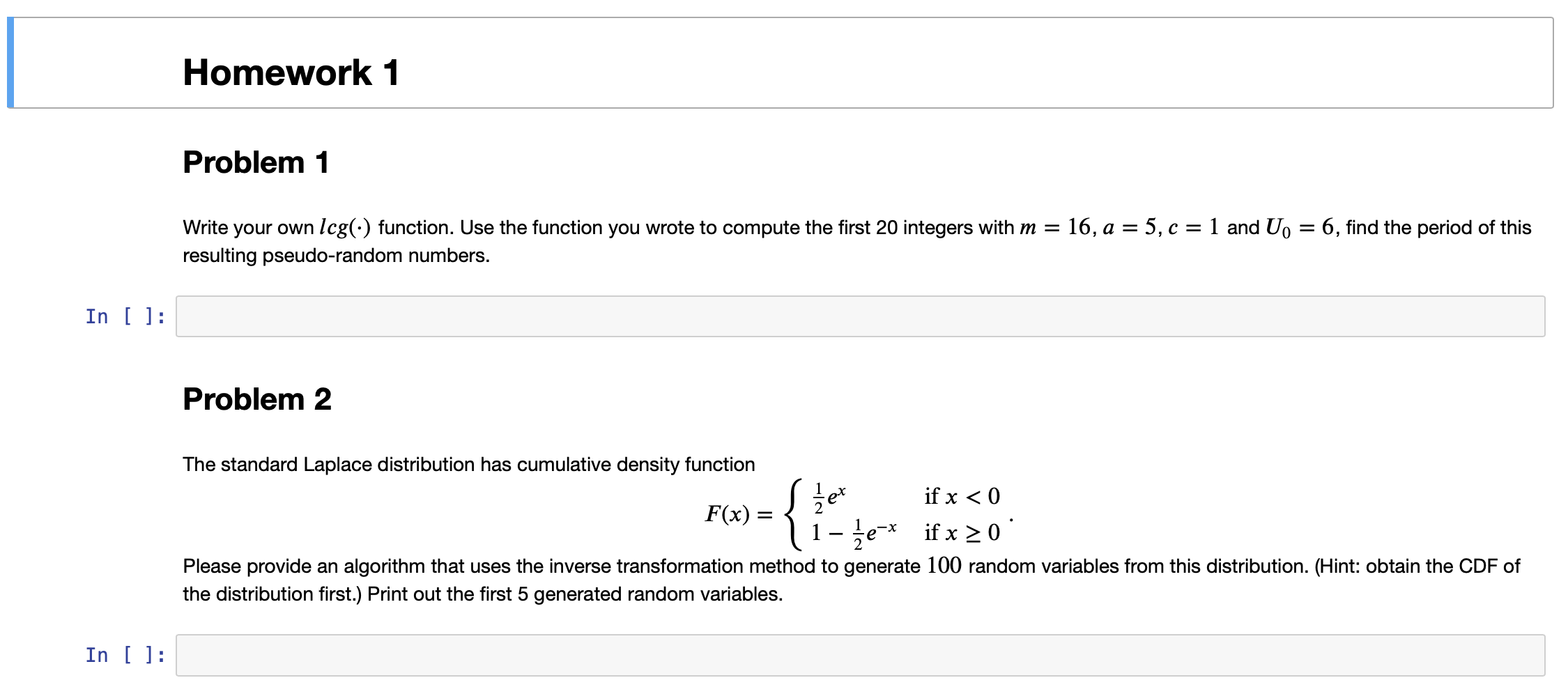 Solved Homework 1 Problem 1 Write your own lcg(.) function. | Chegg.com