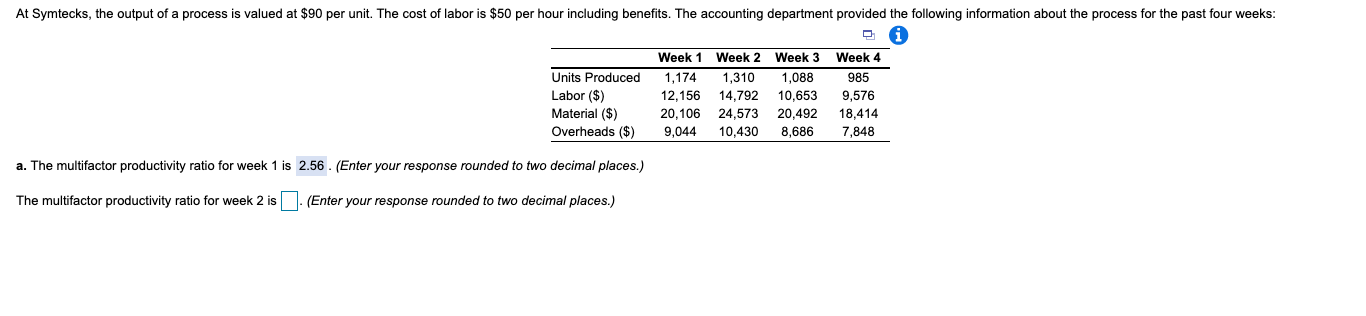 Solved The multifactor productivity ratio for week 3 is | Chegg.com
