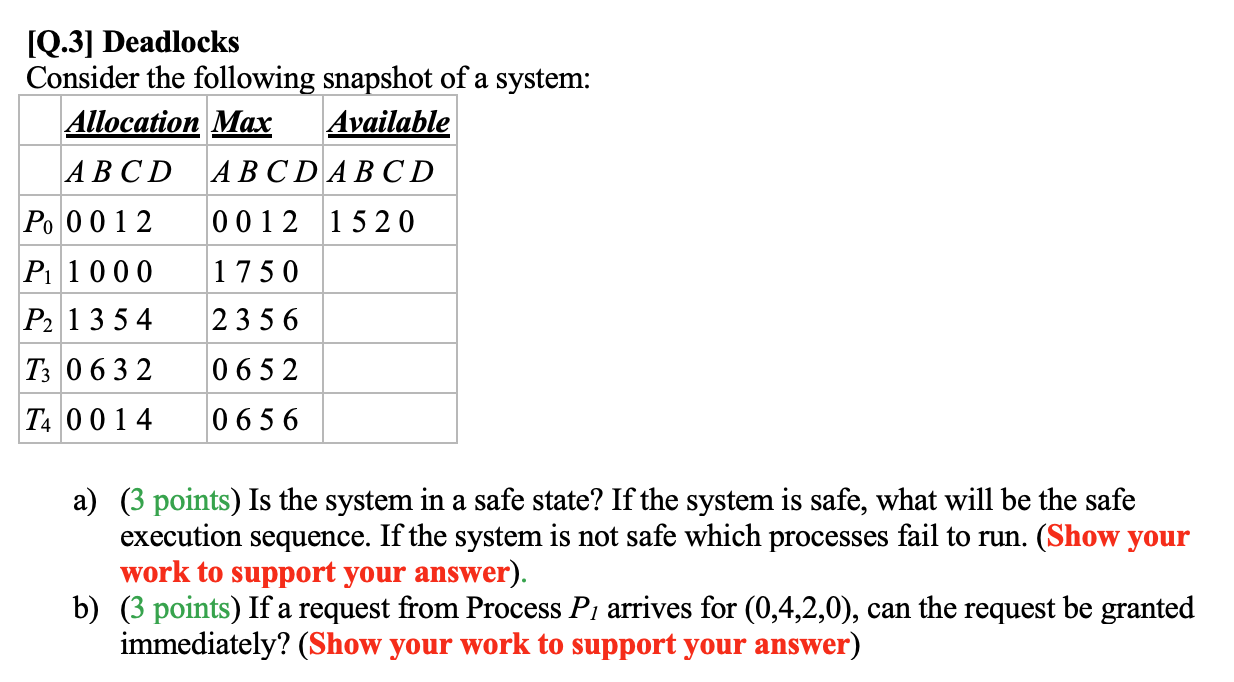 Solved [Q.3] Deadlocks Consider the following snapshot of a | Chegg.com