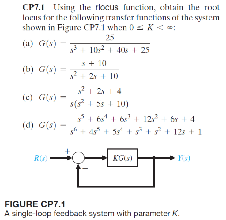 Solved CP7.1 Using the rlocus function, obtain the root | Chegg.com