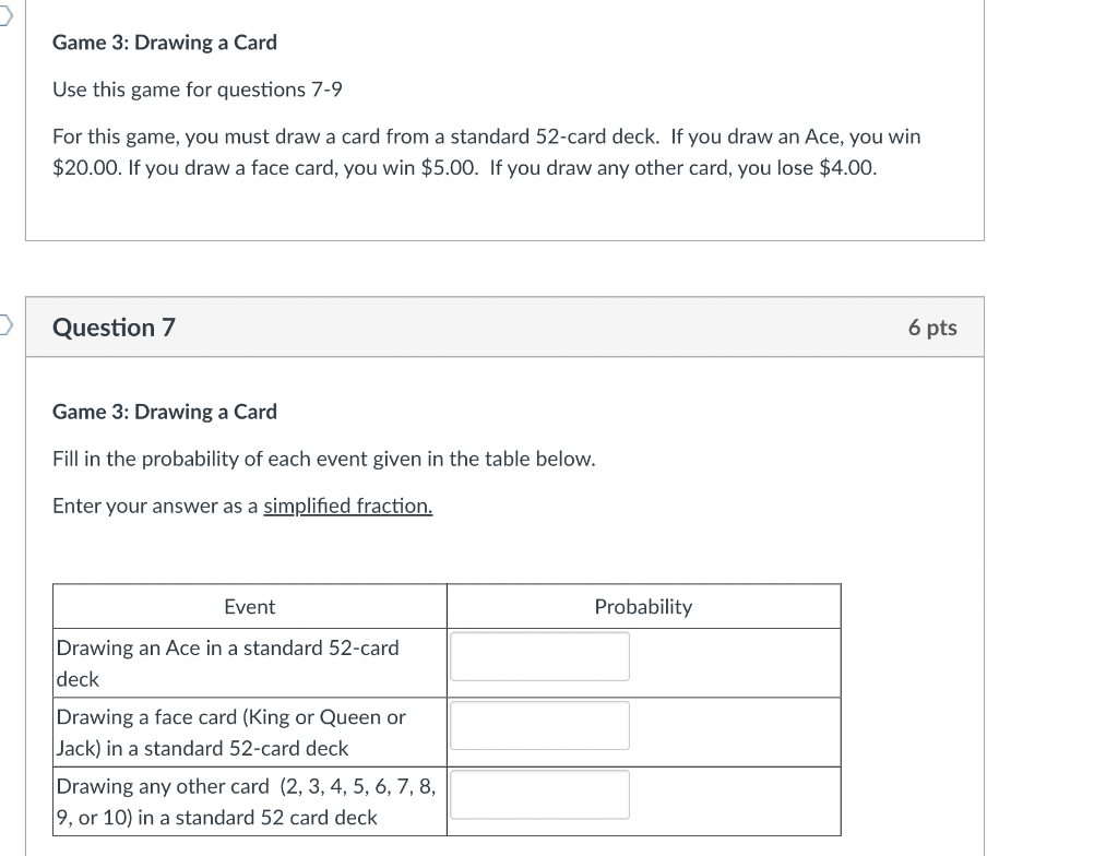 Solved Game 3: Drawing a Card Use this game for questions | Chegg.com