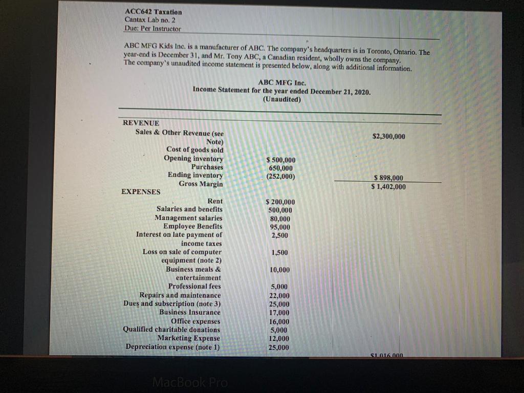 ACC642 Taxation Cantax Lab no. 2 Due: Per Instructor | Chegg.com
