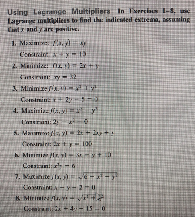 Solved Using Lagrange Multipliers In Exercises 1-8, use | Chegg.com