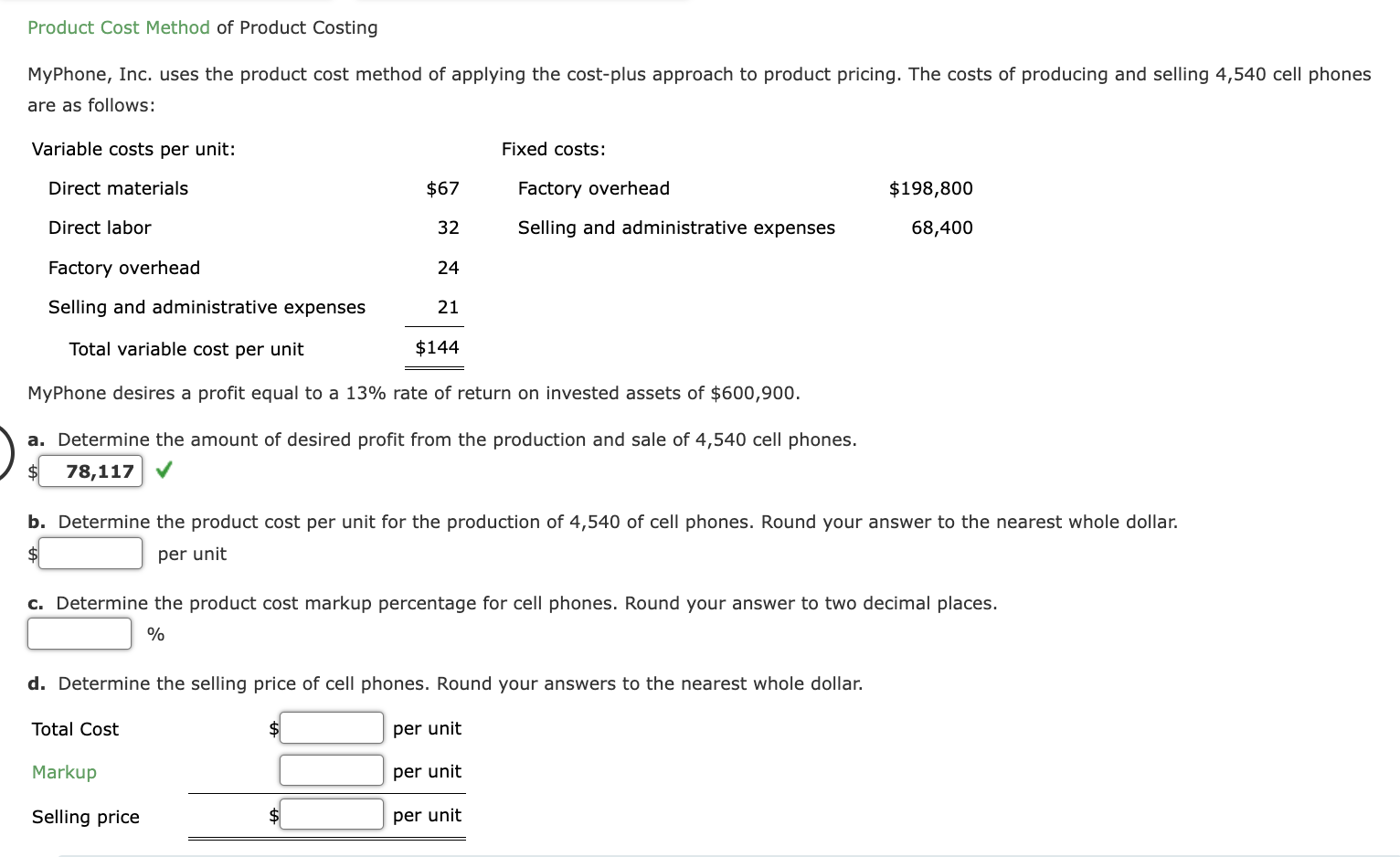 Solved Product Cost Method of Product Costing MyPhone, Inc. | Chegg.com