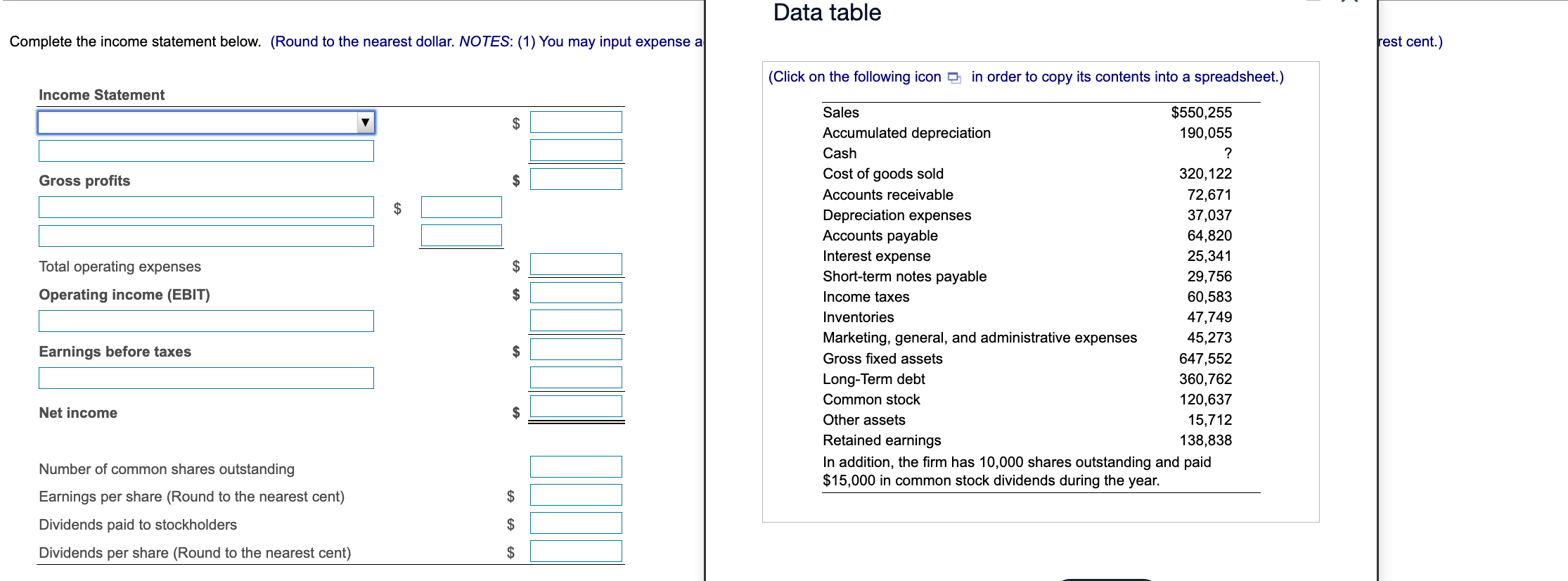 Solved Data table Complete the income statement below. | Chegg.com