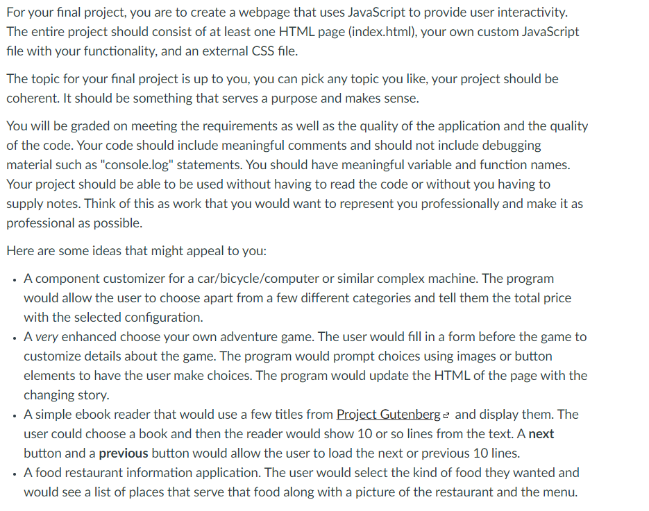Solved For your final project, you are to create a webpage | Chegg.com