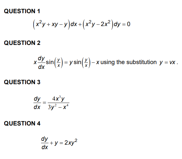 Solved QUESTION 1 (x2y+xy−y)dx+(x2y−2x2)dy=0 QUESTION 2 | Chegg.com