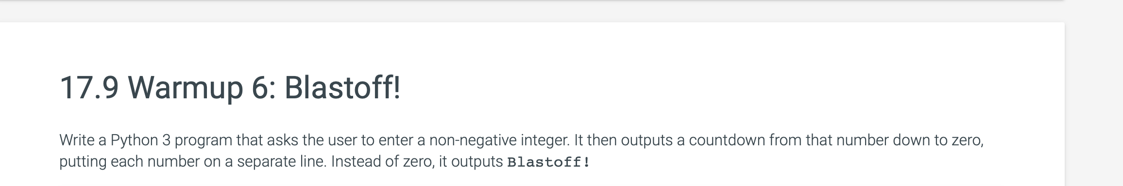 Solved 17.9 Warmup 6: Blastoff! Write a Python 3 program | Chegg.com