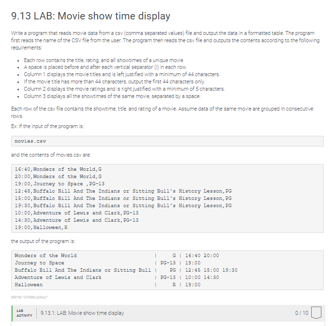 Solved 9.13 LAB: Movie show time display Write a program | Chegg.com