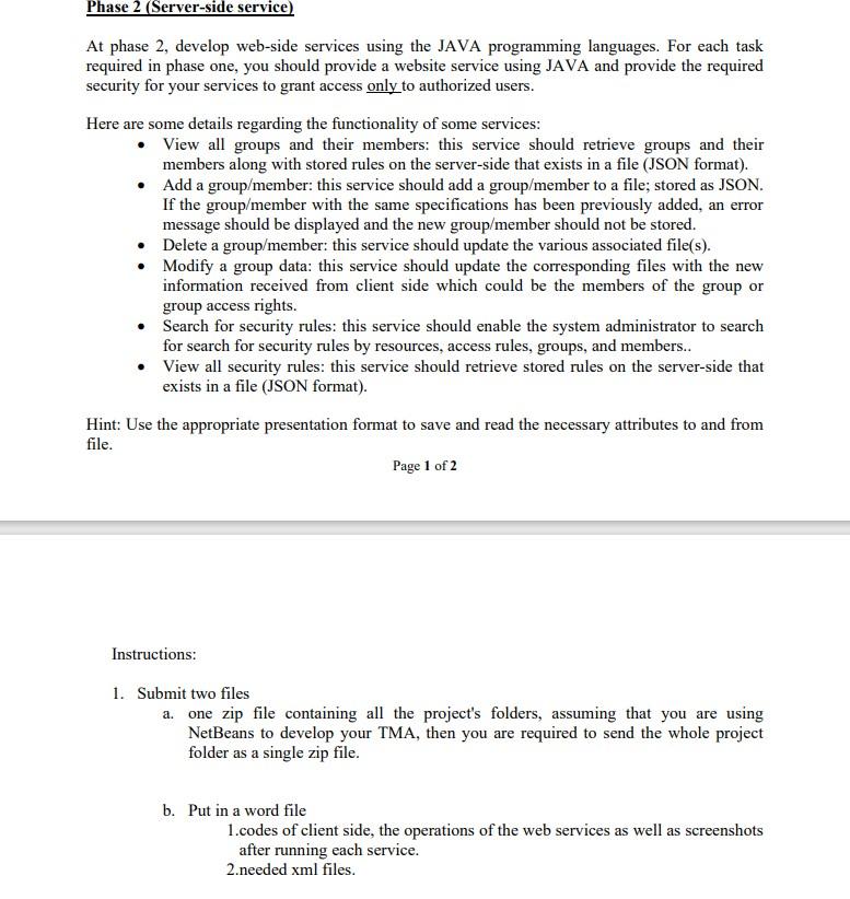 Solved At phase 2, develop web-side services using the JAVA | Chegg.com