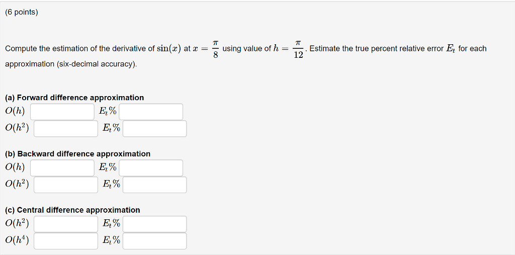 Solved (6 points) Compute the estimation of the derivative | Chegg.com