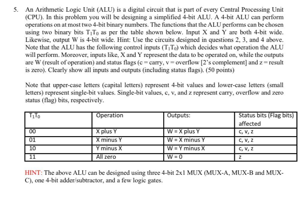 Solved 5 An Arithmetic Logic Unit Alu Is A Digital 