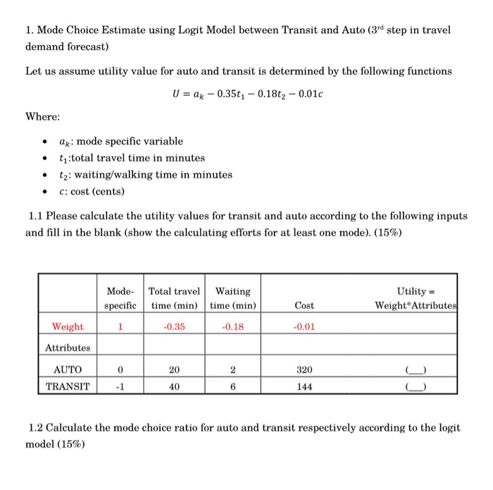 Solved 1. Mode Choice Estimate using Logit Model between | Chegg.com