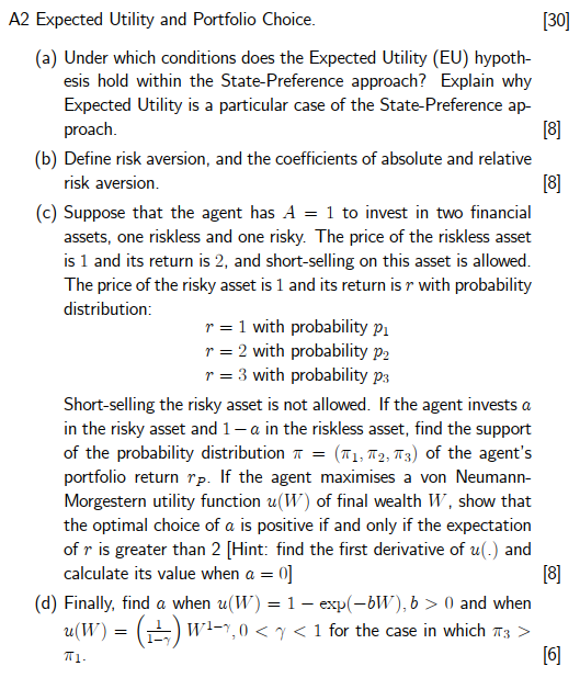 Solved A2 ﻿Expected Utility and Portfolio Choice.(a) ﻿Under | Chegg.com