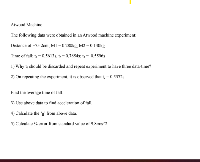 The following data were obtained in an Atwood machine | Chegg.com