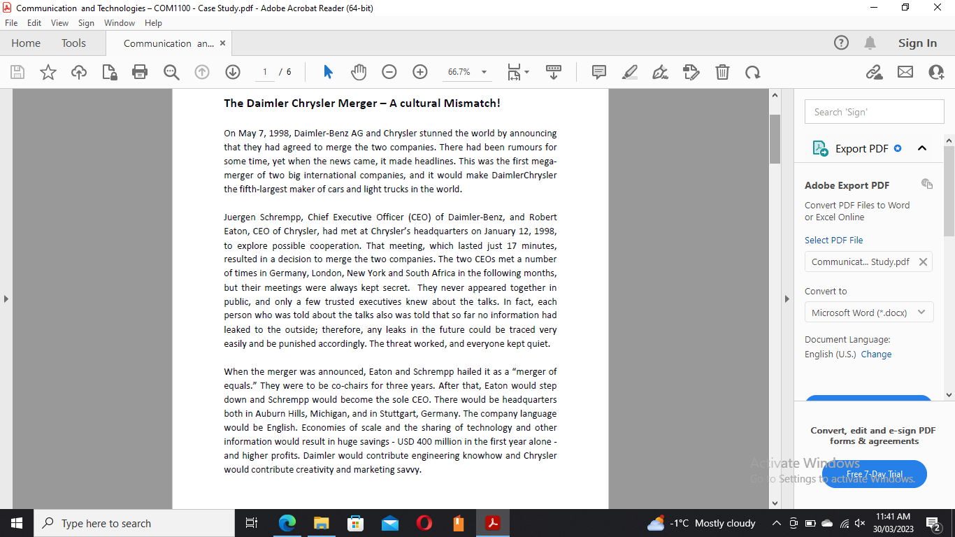 The Daimler Chrysler Merger – A cultural Mismatch! On | Chegg.com