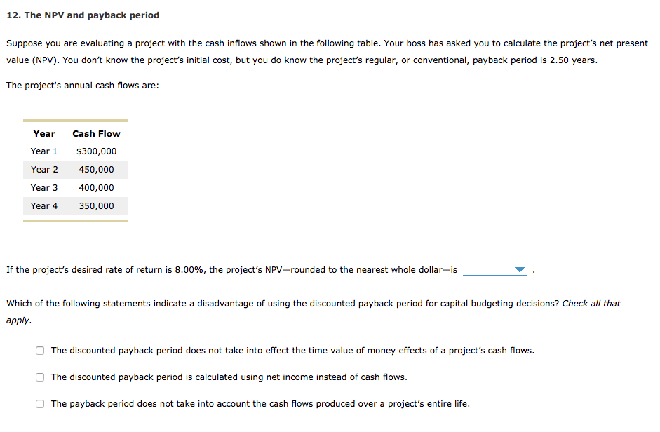 Solved 12 The NPV And Payback Period Suppose You Are Chegg