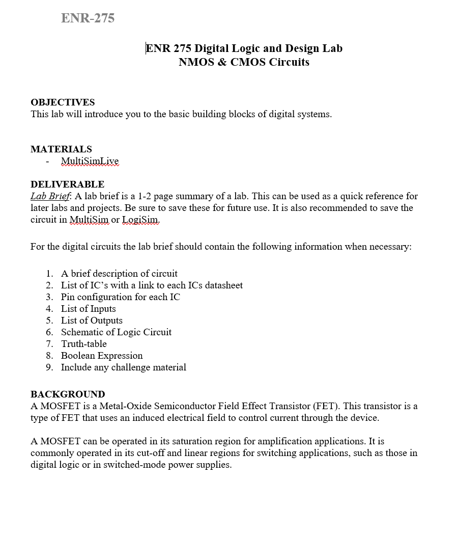 Solved ENR-275 ENR 275 Digital Logic and Design Lab NMOS & | Chegg.com