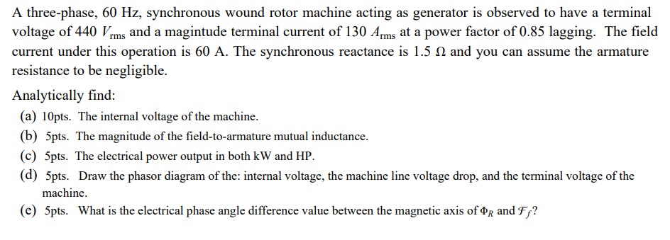 Solved A three-phase, 60 Hz, synchronous wound rotor machine | Chegg.com