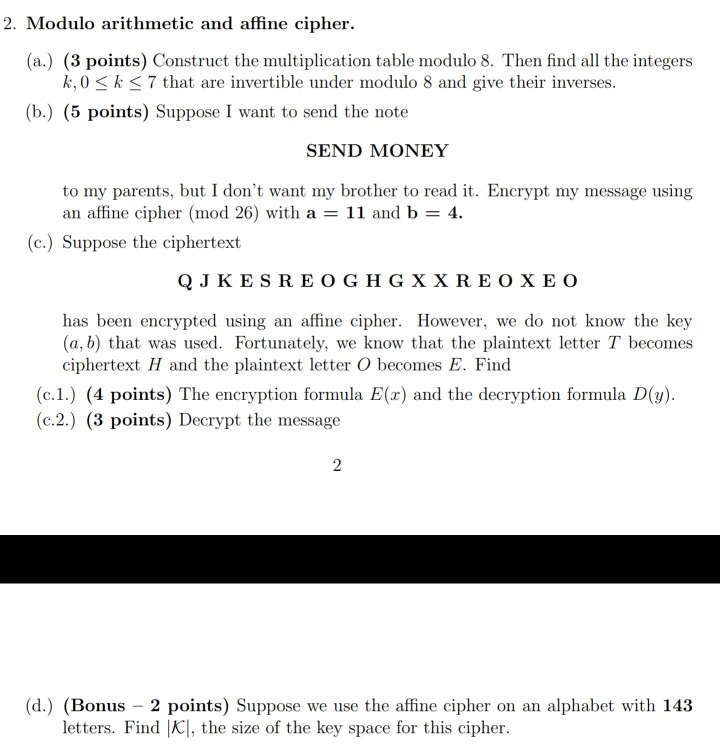 Solved 2. Modulo arithmetic and affine cipher (a.) (3 | Chegg.com