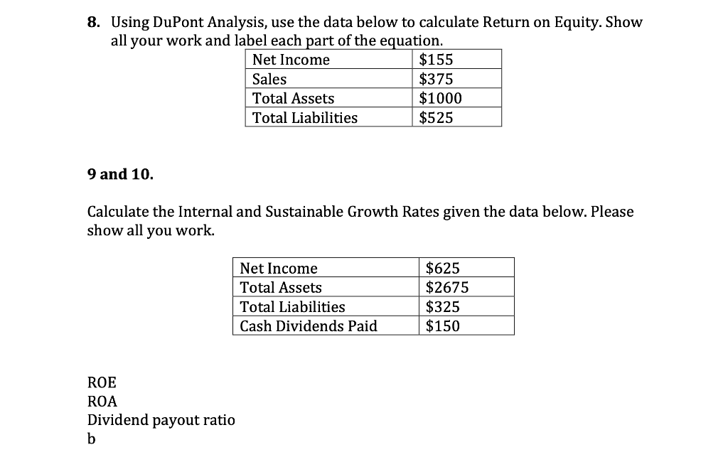 Solved 8. Using DuPont Analysis, use the data below to | Chegg.com