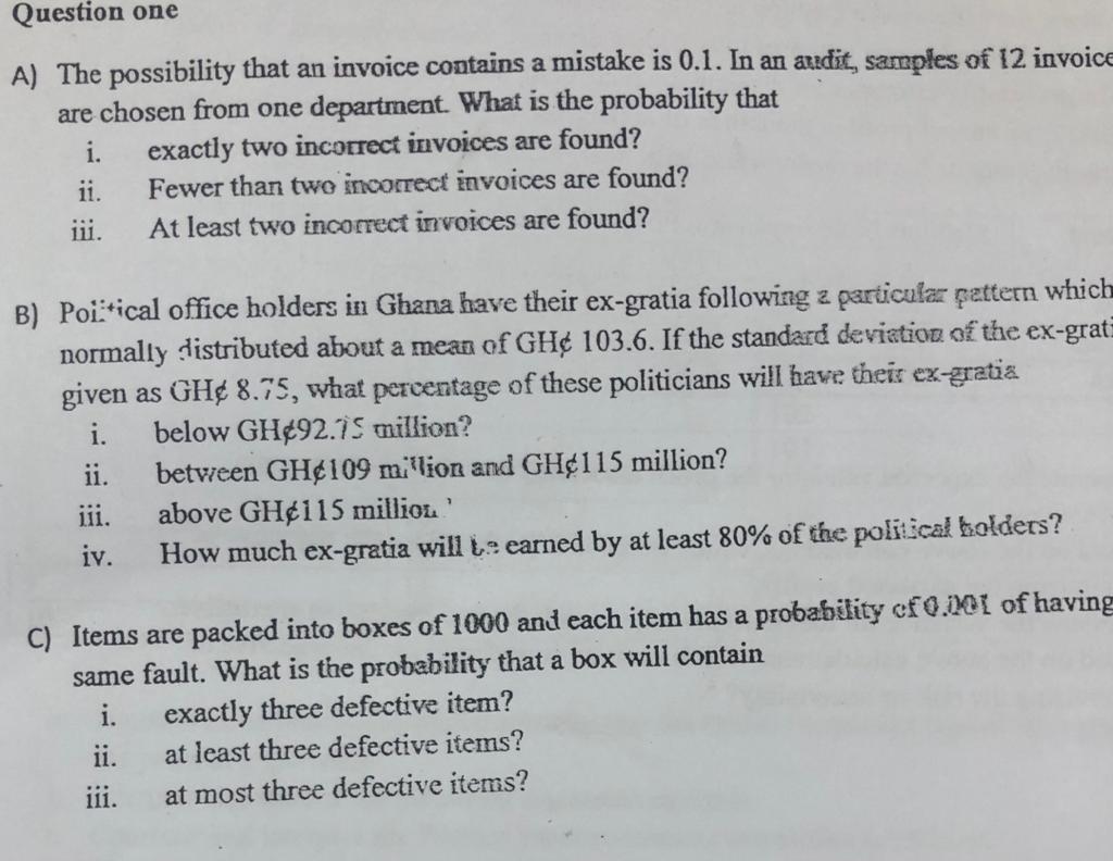 Solved Question one A) The possibility that an invoice | Chegg.com