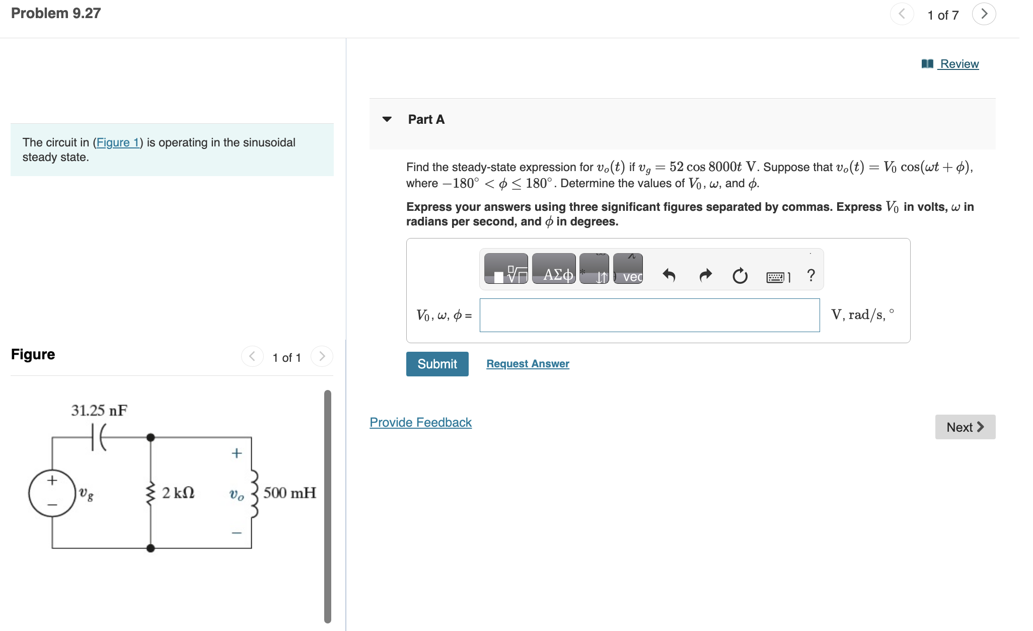 Solved The circuit in is operating in the sinusoidal steady | Chegg.com