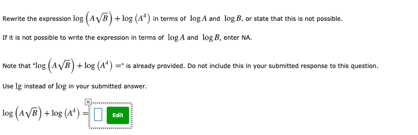 Solved Rewrite the expression 1 log (A™) in terms of log A | Chegg.com