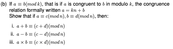 Solved (b) If a≡b(modk), that is if a is congruent to b in | Chegg.com