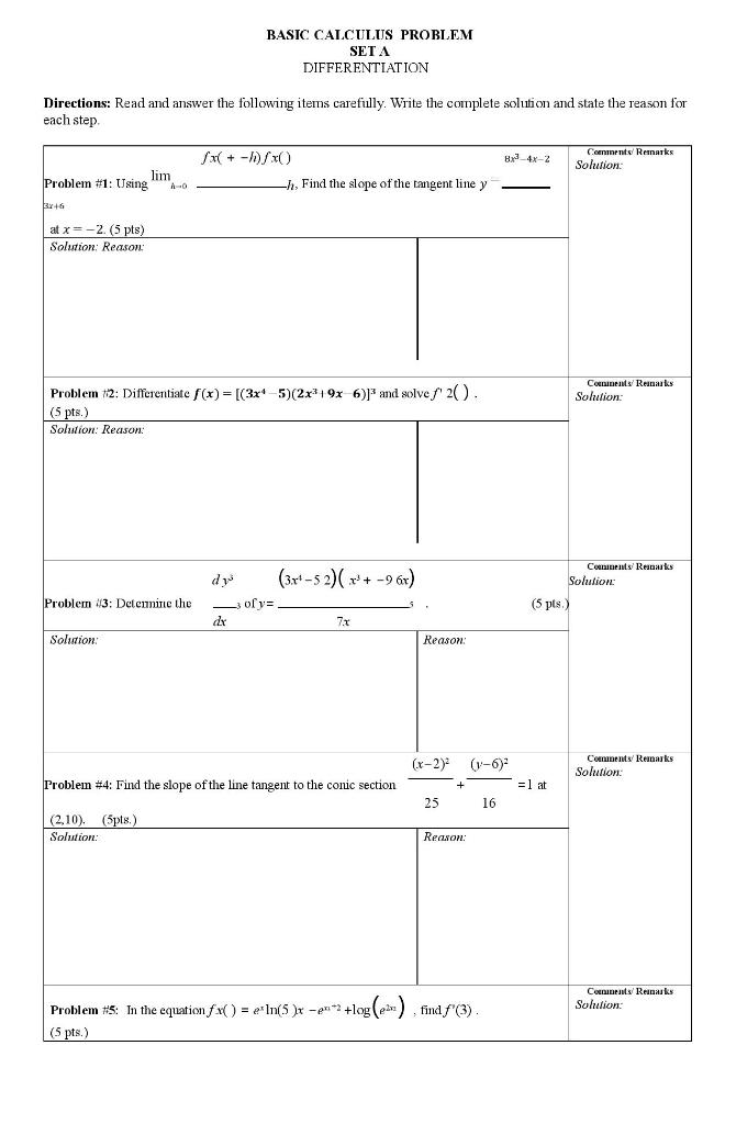 Solved BASIC CALCULUS PROBLEM SETA DIFFERENTIATION | Chegg.com