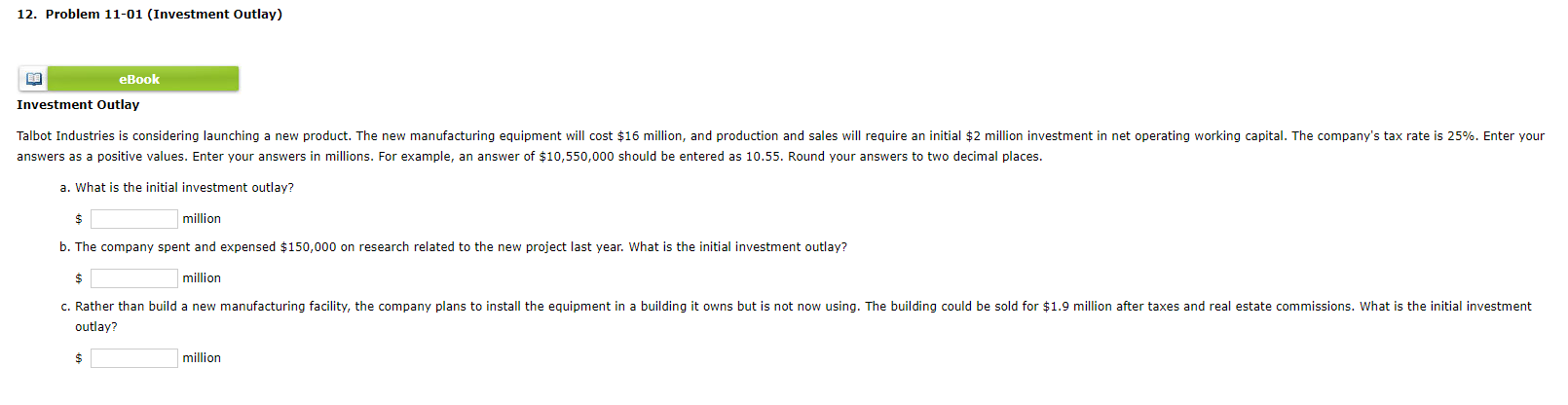 Solved 12. Problem 11-01 (Investment Outlay) eBook | Chegg.com