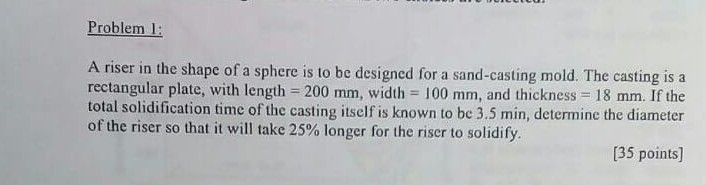 Solved Problem 1: A riser in the shape of a sphere is to be | Chegg.com