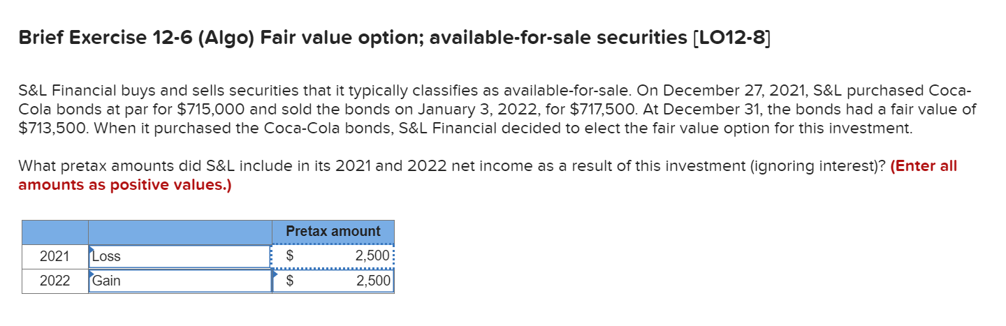 Solved Brief Exercise 12-6 (Algo) Fair value option; | Chegg.com
