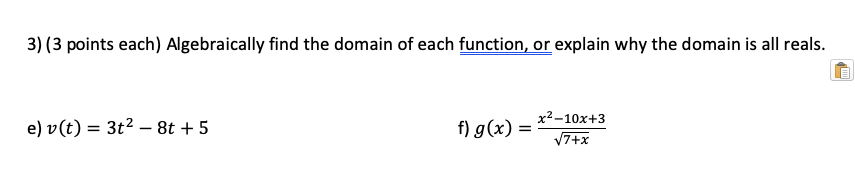 Solved 3) (3 points each) Algebraically find the domain of | Chegg.com