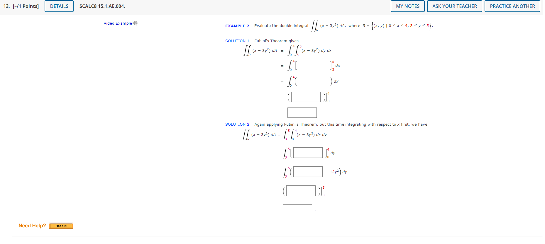 Solved EXAMPLE 2 Evaluate the double integral ∬R(x−3y2)dA, | Chegg.com