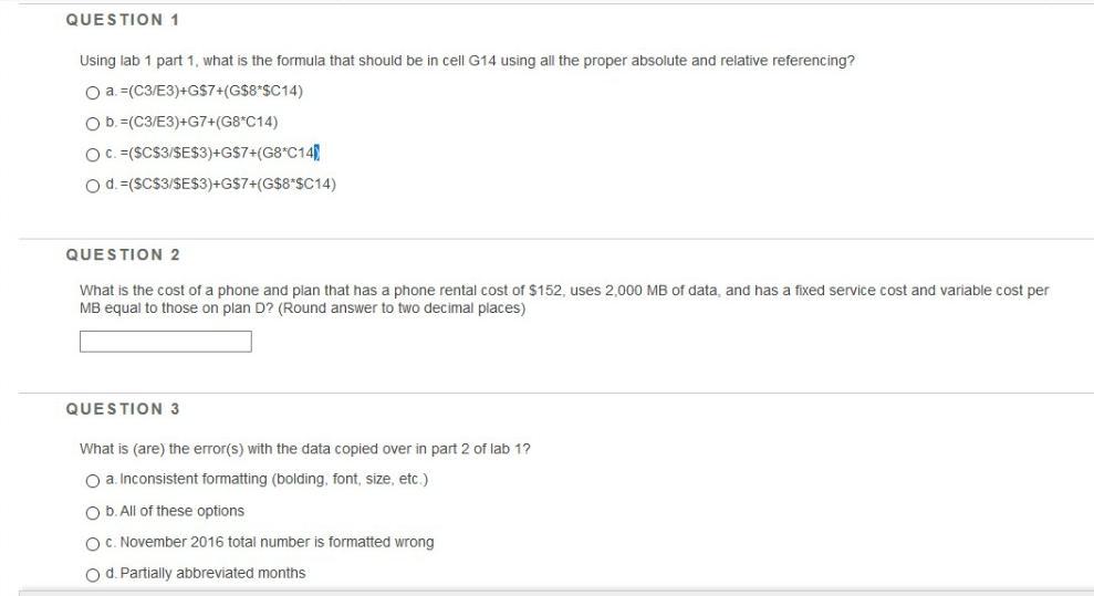 QUESTION 1 Using lab 1 part 1, what is the formula | Chegg.com
