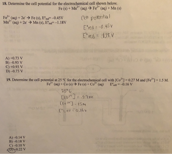 Solved 18. Determine the cell potential for the | Chegg.com