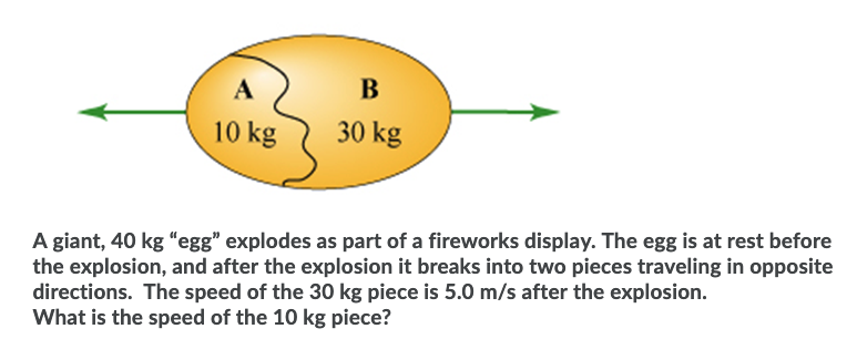 Solved A B 10 kg 30 kg A giant, 40 kg "egg" explodes as part | Chegg.com