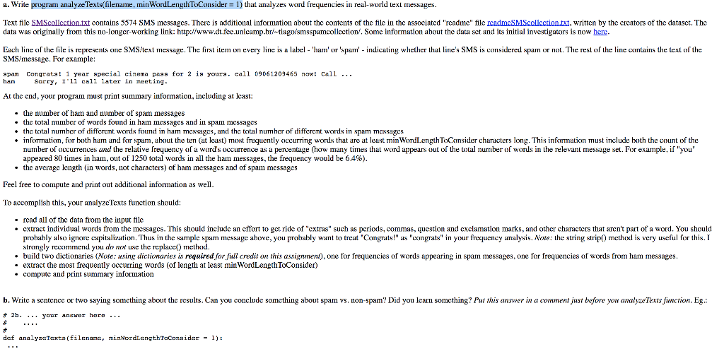 ham a. Write program analyzeTexts(filename, miri | Chegg.com