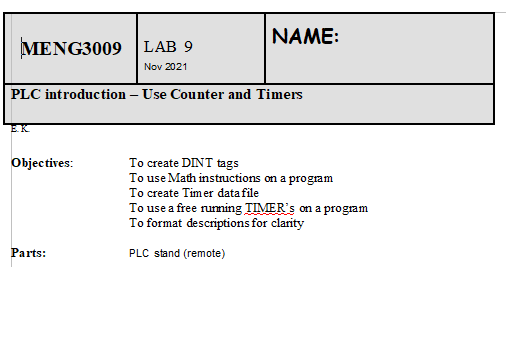 NAME: MENG3009 LAB 9 Nov 2021 PLC introduction - Use | Chegg.com