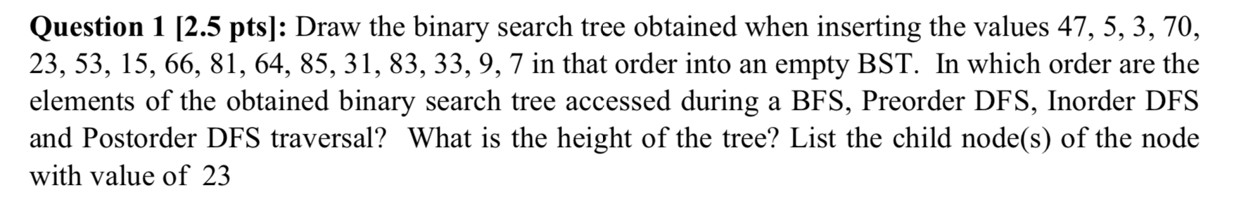Solved Question 1 (2.5 pts]: Draw the binary search tree | Chegg.com
