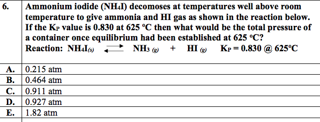 Solved 6. Ammonium iodide (NH4I) decomoses at temperatures | Chegg.com