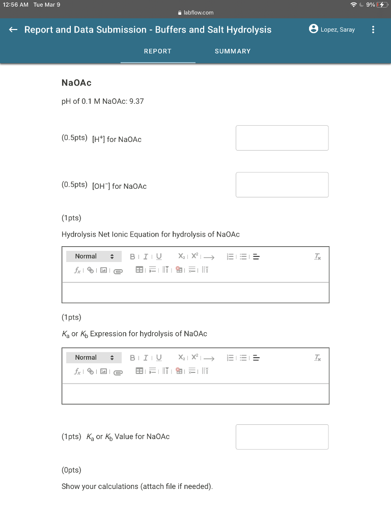 Solved 12:56 AM Tue Mar 9 9% 4 labflow.com + Report and Data | Chegg.com
