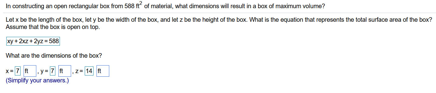 Solved In constructing an open rectangular box from 588 ft | Chegg.com